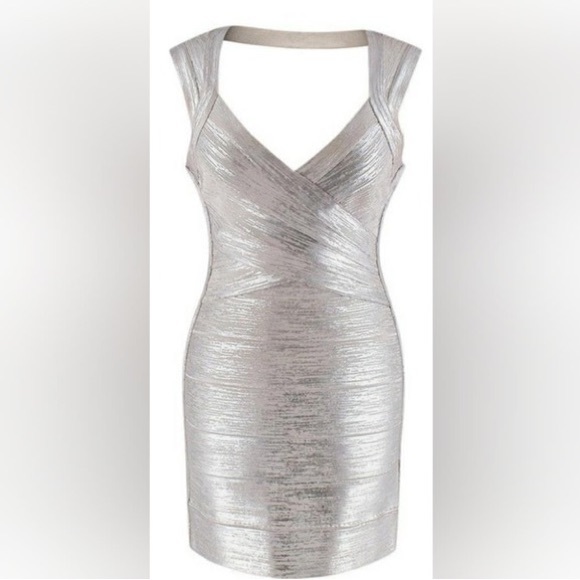 Herve Leger | Dresses | Herve Leger Silver Foil Bandage Mini Dress ...